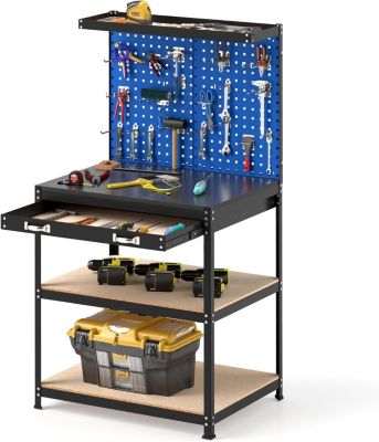 Établi Atelier Garage avec Panneau Perforé Table de Travail avec 20 Crochets à Outils Bleu ...