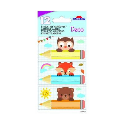 12 étiquettes adhésives scolaires - Rectangle - Animaux sur crayons ...