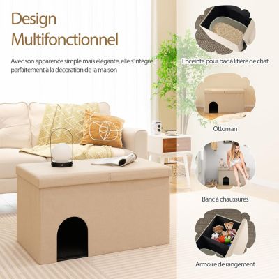 2 en 1 Meuble Litière Chat avec Tapis de Litière Anti-Fuite, 90 x 50 x ...