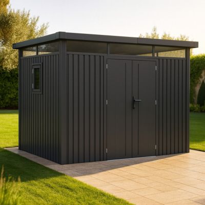 Abri de jardin métal anthracite 7.45m² toit plat + kit d'ancrage