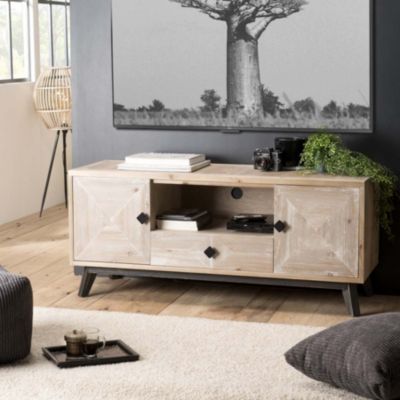 ANDRO - Meuble TV beige scandi 2 portes 1 tiroir 1 niche pieds noirs