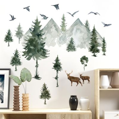 Autocollant mural de montagne - Grand pin à décoller et à coller, forêt ...