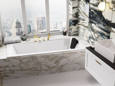 Baignoire asymétrique blanche encastrée + repose tête - INTIMA SLIM - 150 x 85 cm - droite ...