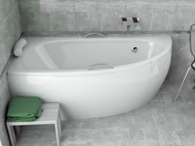 Baignoire asymétrique + tablier blanc + repose tête + poignées - MILENA PREMIUM - 150 x 70 cm ...