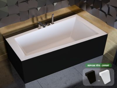 Baignoire asymétrique + tablier noir + repose tête - INTIMA - 160 x 90 cm - Droite | Castorama