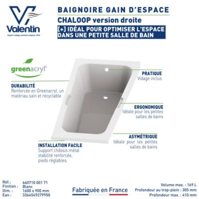 Baignoire asymétrique angle droit Chaloop L.160 x l.90 cm sans tablier Valentin