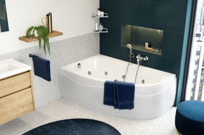 Baignoire balnéo asymétrique angle droit 160 x 100 cm Allibert Intensea Elba Duo + tablier ...