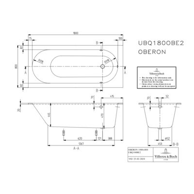 Baignoire droite VILLEROY ET BOCH Oberon quaryl 180 x 80 cm + Pare bain ...