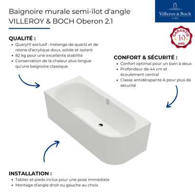 Baignoire murale semi-îlot d'angle VILLEROY & BOCH Oberon 2.1 blanc ...