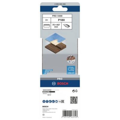 Bande abrasive 75 x 457 mm grain 180, set de 3 pour ponceuse à bande.