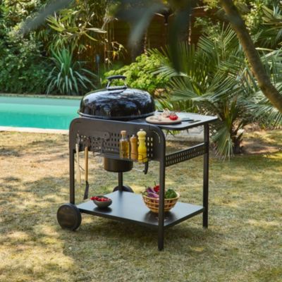 Barbecue rond charbon de bois acier émaillé D.53cm. grill noir avec ...