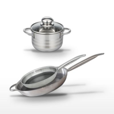 Batterie de cuisine avec 2 poêles 28/32 cm et 1 faitout 12 cm en inox ...