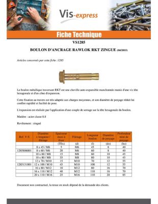 Boulon métal RKT 8X60 M6 Acier zingué - 10 pièces