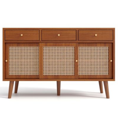 Buffet 3 Tiroirs 3 Portes Rotin Pieds Bois Noyer 120x40x78cm Blackcolors