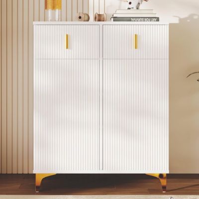 Buffet haut laqué blanc et bois, design sans poignées, portes inclinées ...
