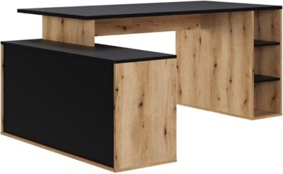 Bureau d'angle en mélamine coloris imitation chêne artisan / noir mat ...