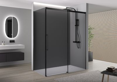 Cabine de douche d'angle, Verre gris 8mm, porte coulissante Profil noir mat, Ouverture flexible ...