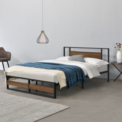 Cadre de Lit Double Villach en Métal 140 x 200 cm Noir Mat Effet Noyer ...