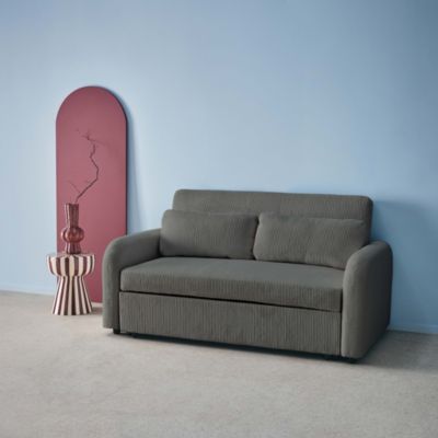 Canapé convertible arrondi 2 places velours côtelé gris foncé L 168 x P ...