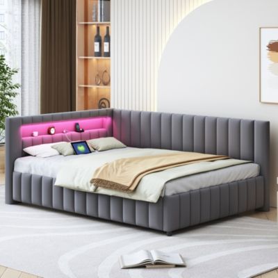 Canapé-lit 140x200 cm en L convertible, revêtement velours gris, bande ...