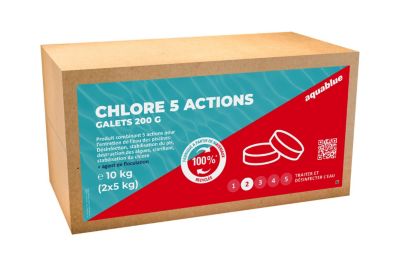 Chlore 5 actions pour piscine galets 200g Aquablue 10kg