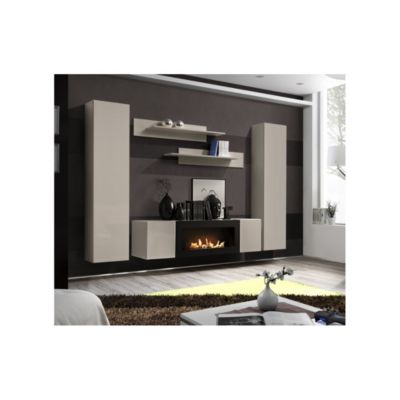 Composition murale FLY cachemire avec cheminée bio-éthanol et rangements