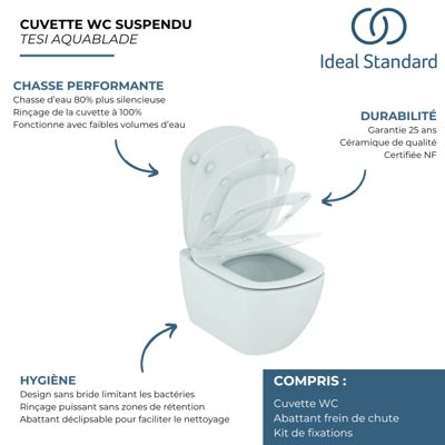 Cuvette WC suspendu IDEAL STANDARD Tesi Aquablade + abattant frein de chute