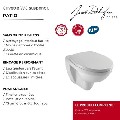 Cuvette WC suspendu sans bride JACOB DELAFON Patio avec abattant