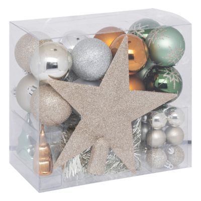 Déco de Sapin de Noël Kit 44 pièces, Boule, Guirlande et Cimier - Vert et Cuivré | Castorama
