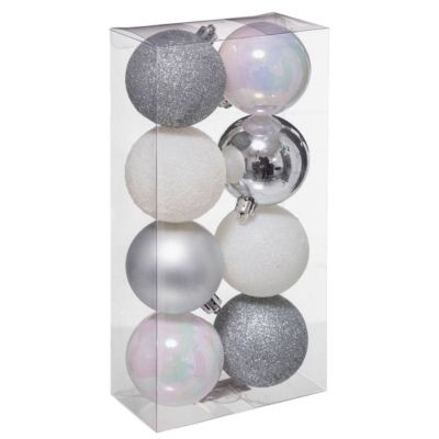 Déco de sapin Lot de 8 Boules de Noël D 7 cm - Argent et Blanc | Castorama
