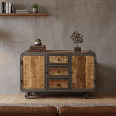 EDWIN - Buffet 2 Portes 3 Tiroirs Acier et Bois Massif