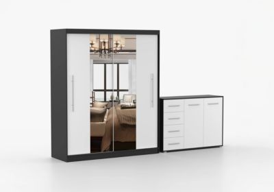 Ensemble armoire Eireen et commode Ilario avec miroir - Noir - Blanc