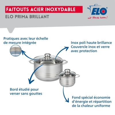 Ensemble de 1 Poêle de cuisson 24 cm et 2 faitouts 12 et 20 cm Elo ...