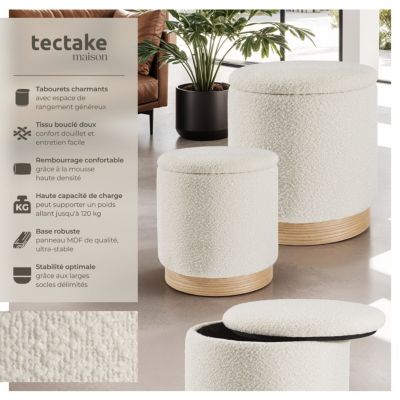 Ensemble de 2 poufs avec espace de rangement rond grand tabouret 38 x ...