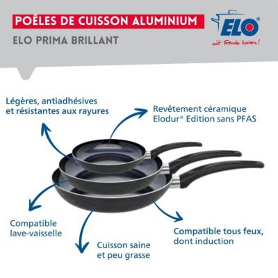 Ensemble de 3 Poêles de cuisson 20, 28 et 32 cm et 3 faitouts 12, 20 et 24 cm Elo Prima Brillant