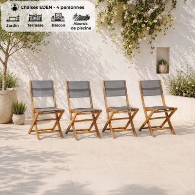 Ensemble de 4 chaises de jardin pliantes acacia Textilene gris 50 x 57 ...