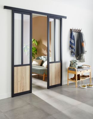 Ensemble double porte coulissante noire Mykado 4 vitrages transparents ...