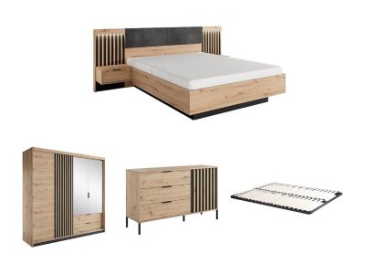 Ensemble lit avec chevets 160 x 200 cm + Sommier + Commode + Armoire ...