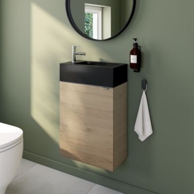 Ensemble meuble lave-mains à poser Imandra effet chêne l.44 cm + plan vasque lave-mains noir en ...