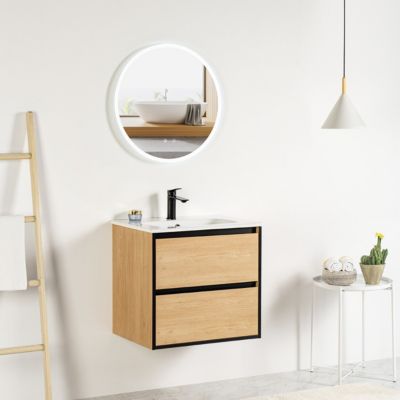 Ensemble Meuble prémonté 60 bois détail noir-Vasque céramique-Miroir ...