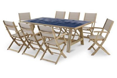 Ensemble salle à manger de jardin table en bois et céramique bleue 205x105 + 8 chaises bois et ...