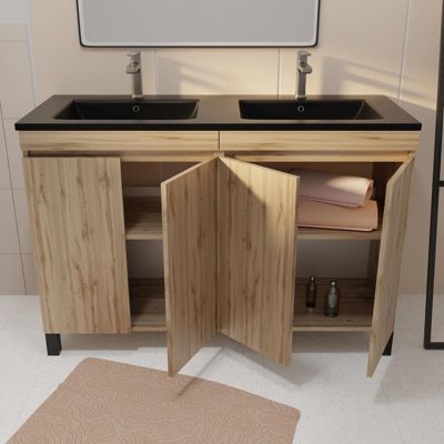 Ensemble sous vasque à poser effet chêne naturel 4 portes + vasque ...