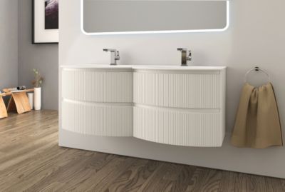 Ensemble sous vasque + plan vasque double résine l.138 cm, blanc mat ...