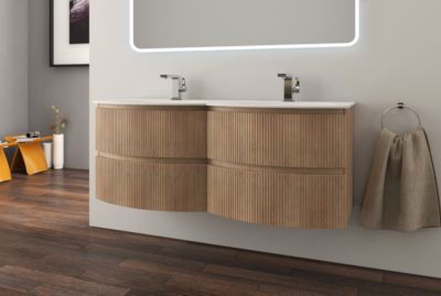 Ensemble sous vasque + plan vasque double résine l.138 cm, effet bois ...