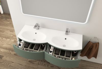 Ensemble sous vasque + plan vasque double résine l.138 cm, vert mat ...
