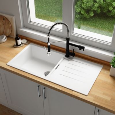 Évier à encastrer en composite de quartz blanc 1 bac avec égouttoir, L ...