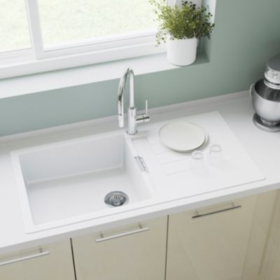 Évier à encastrer en composite de quartz blanc 1 bac avec égouttoir, L ...