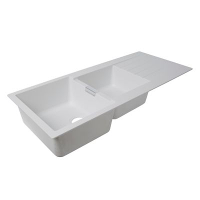 Évier à encastrer en composite de quartz blanc 2 bacs avec égouttoir, L ...