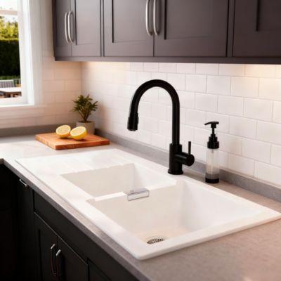 Évier à encastrer en composite de quartz blanc 2 bacs avec égouttoir, L ...