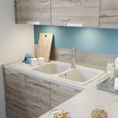 Évier à encastrer en composite de quartz blanc 2 bacs avec égouttoir, L ...